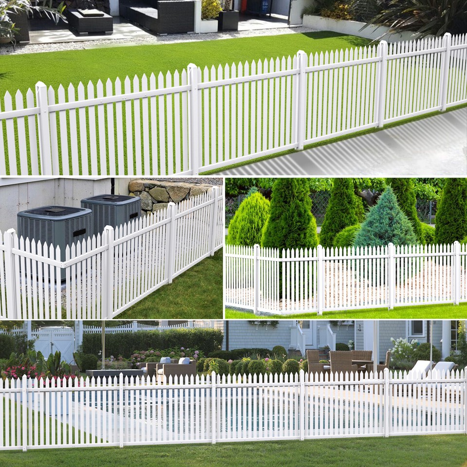 Vinyl Picket Fence Straight White Garden PVC Panel Heavy Duty w/ 34 ...
