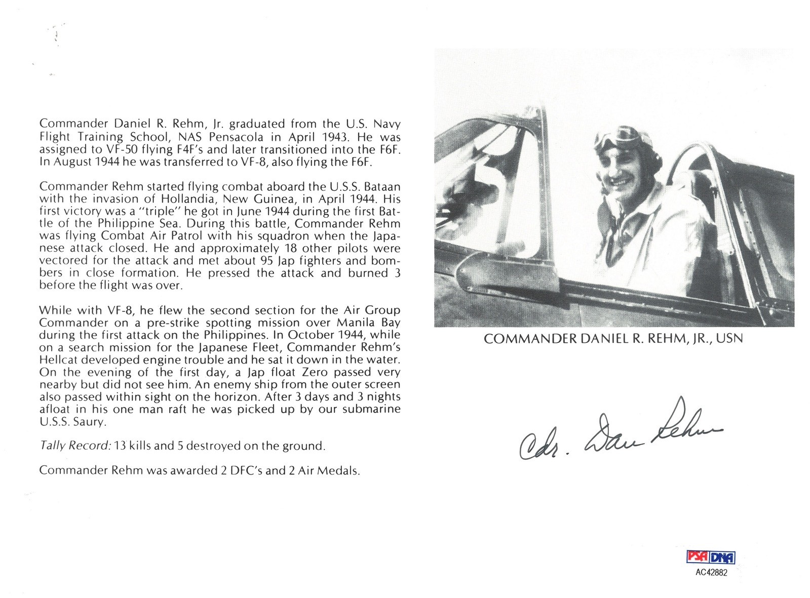 DANIEL REHM JR SIGNED 8X10 (D) PSA DNA AC42882 WWII ACE 13V | eBay