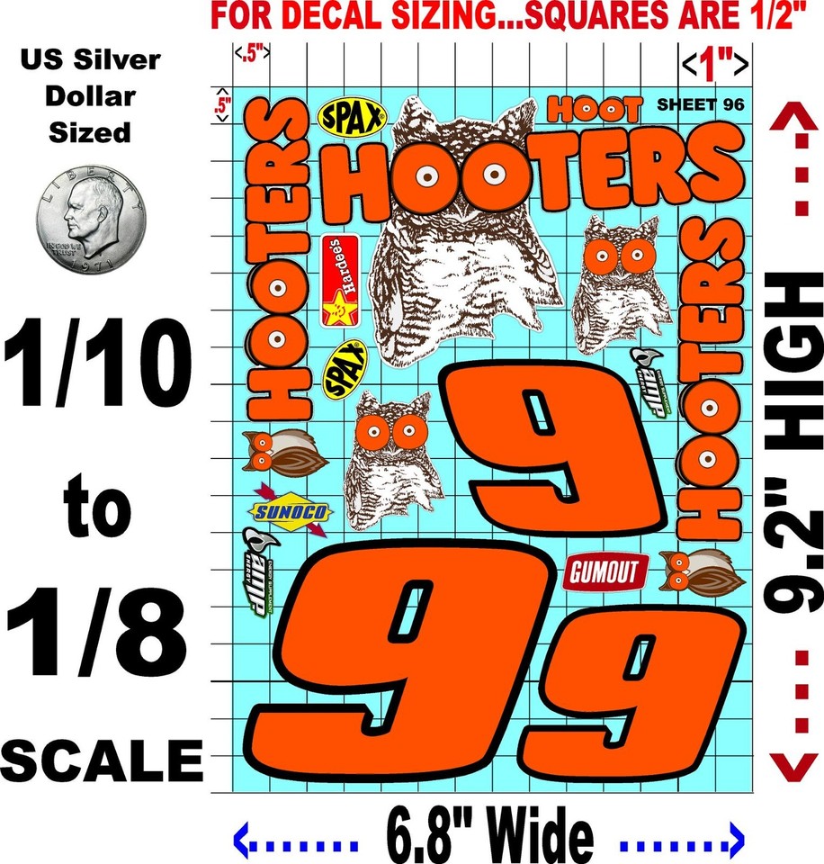 CLEAR VINYL RACING Sticker SHEET 96 Hooters-R/C MODEL Die-cut -Decals 1 ...