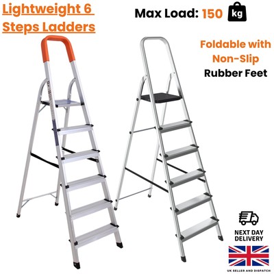 Lightweight Step Ladders 6 Step, Compact Aluminium, Portable Tall ...
