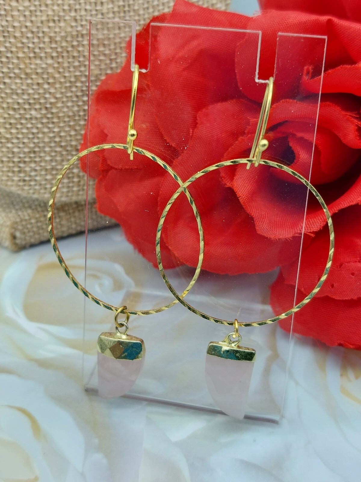 Beautiful Gold Tone Circle Pierced Hook Earrings Dangle Pink Faceted ...