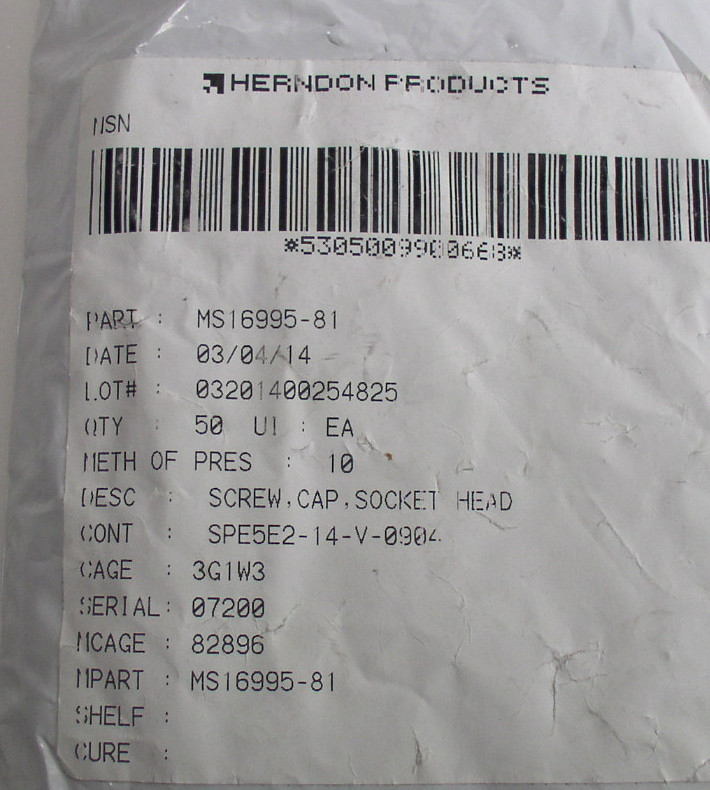 Herndon MS16995-81 3/8-16 x 1 SS Socket Head Cap Screw Stainless Mil ...