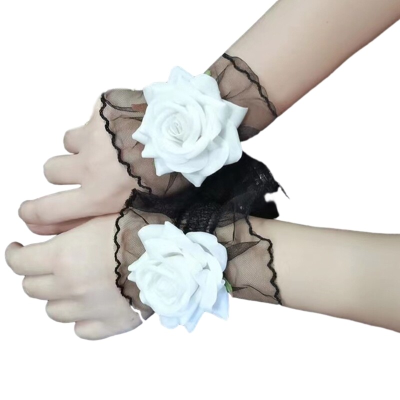 Bracelet Sleeve Wrist Cuffs Ruffle Floral Lace Elastic Black White Girl ...