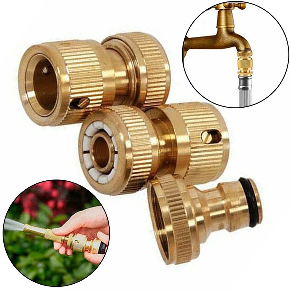 Water Hose Brass Connector Lock 3Pc Brass Quick Connector Tap Kit ...