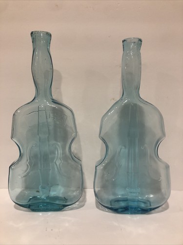 2 Vintage Light Blue Glass String Insturment Cello Violin Shaped Bottle ...