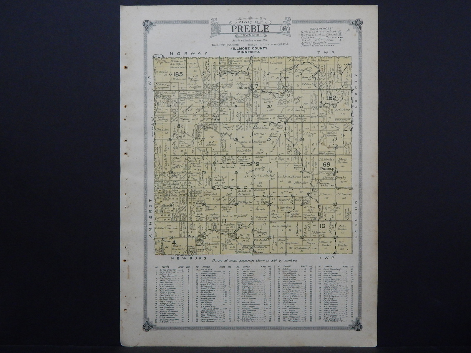 Minnesota, Fillmore County Map, 1915 Township of Preble W17#99 | eBay