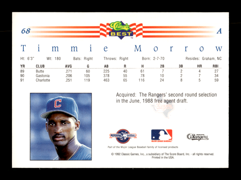 1992 Classic Best # 68 Timmie Morrow Card (ML) Charlotte Rangers Texas ...