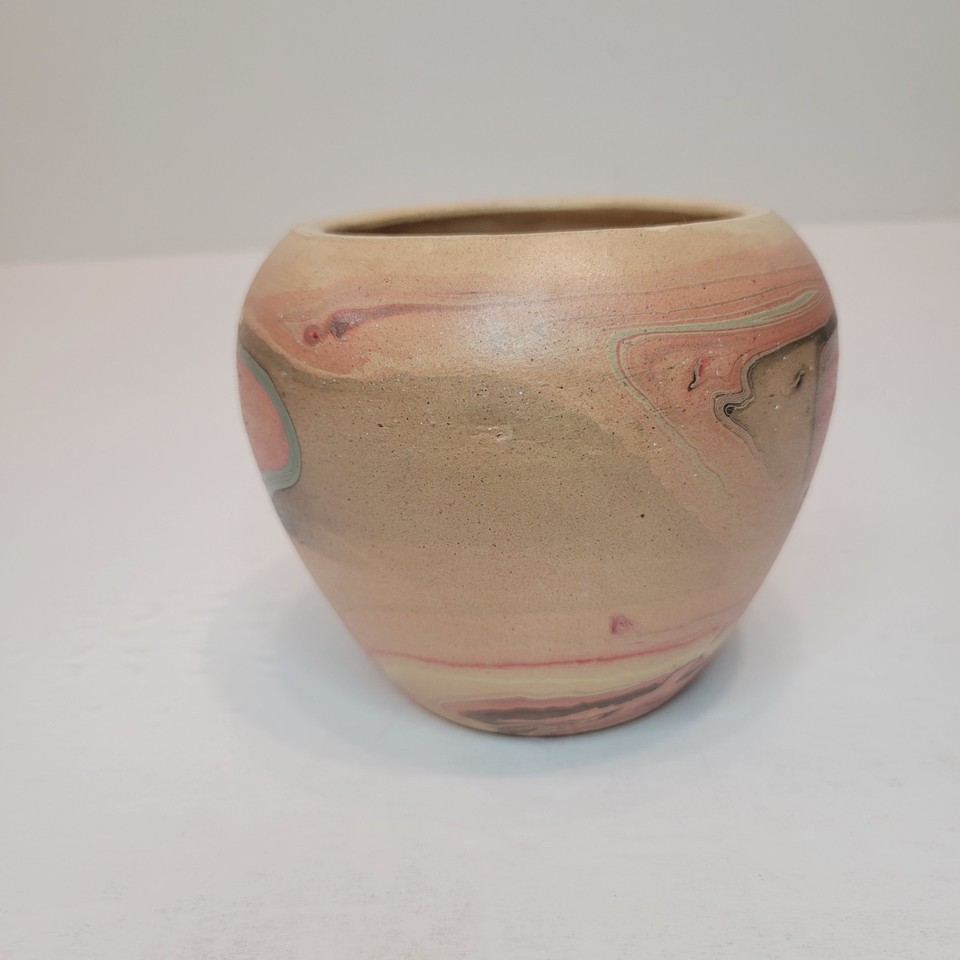 Vtg Nemadji Pottery Small Pot Vase Buff Clay Red Orange Turquoise Swirl ...