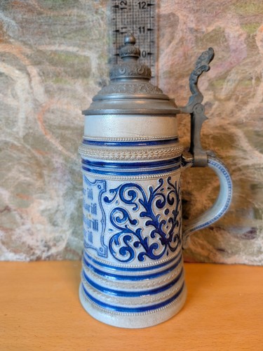Cobalt Blue Salt Glazed & Pewter Lid Relief GERMAN BEER STEIN 1 L ...