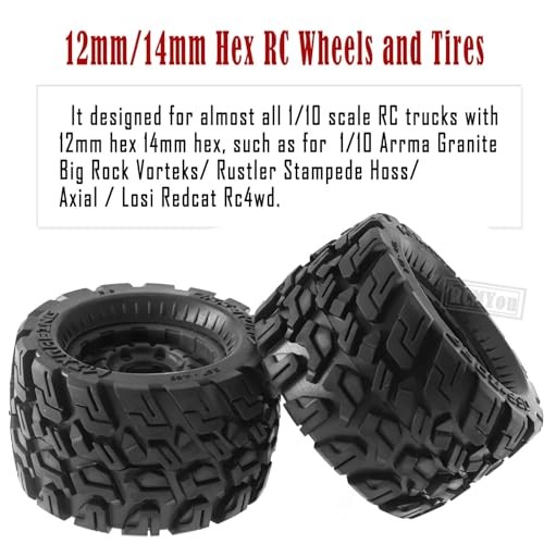 RC Truck Tires Wheel 12mm/14mm Hex for 1/10 Arrma Big Rock Black for 1/ ...