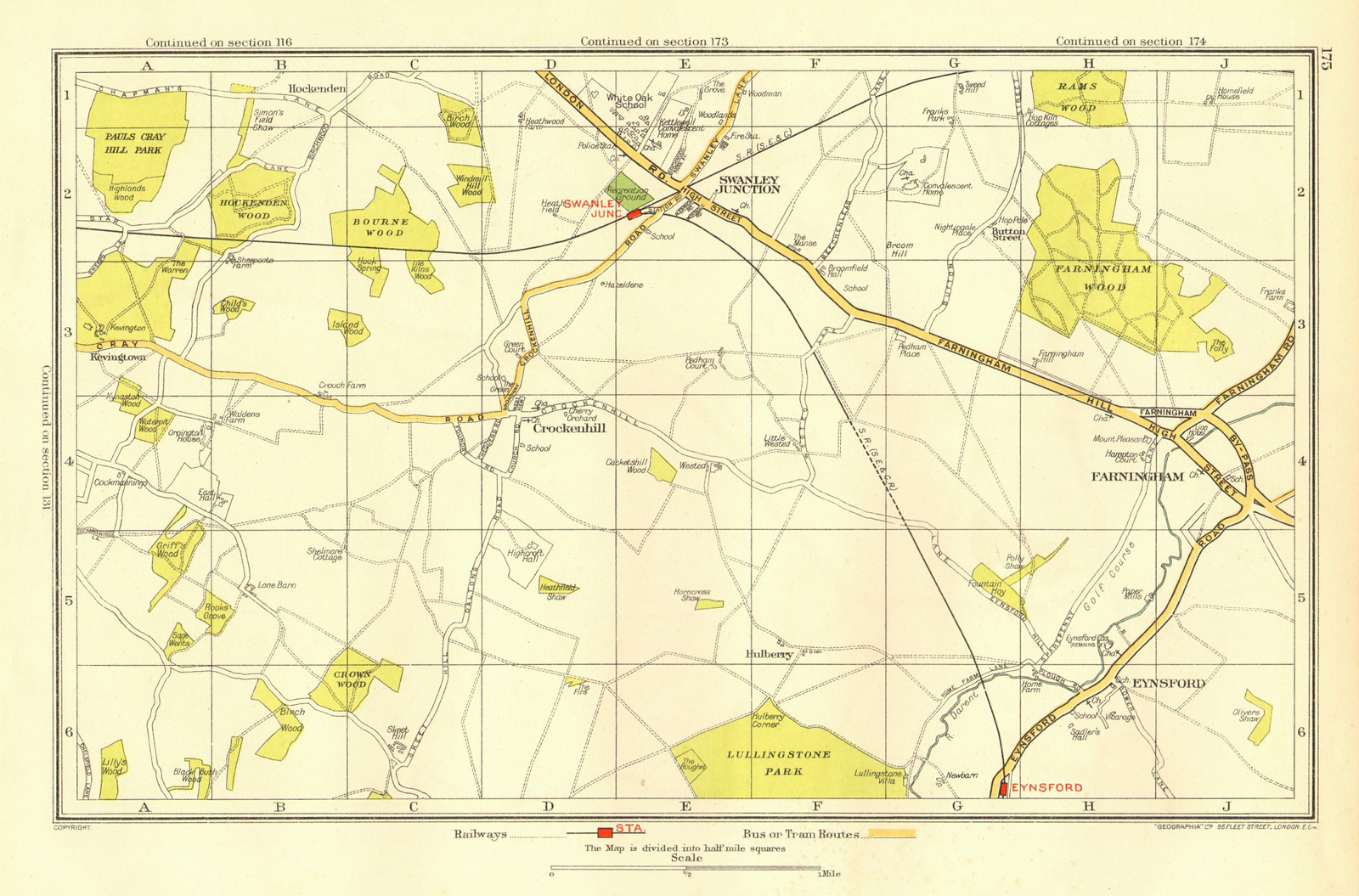 SWANLEY. Crockenhill Eynsford Farningham Kevingtown (Kent) 1937 old map ...