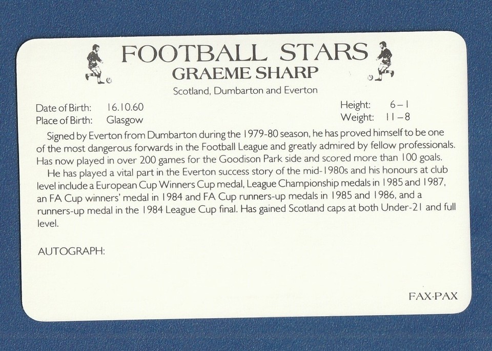 GRAEME SHARP 1989 Fax-Pax Soccer Card Football SCOTLAND Dumbarton ...