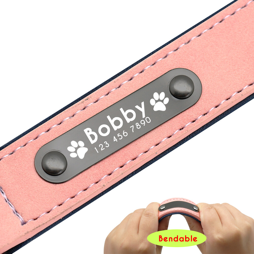 Soft Leather Personalized Dog Collar ID Tag Engraved for Small Medium ...
