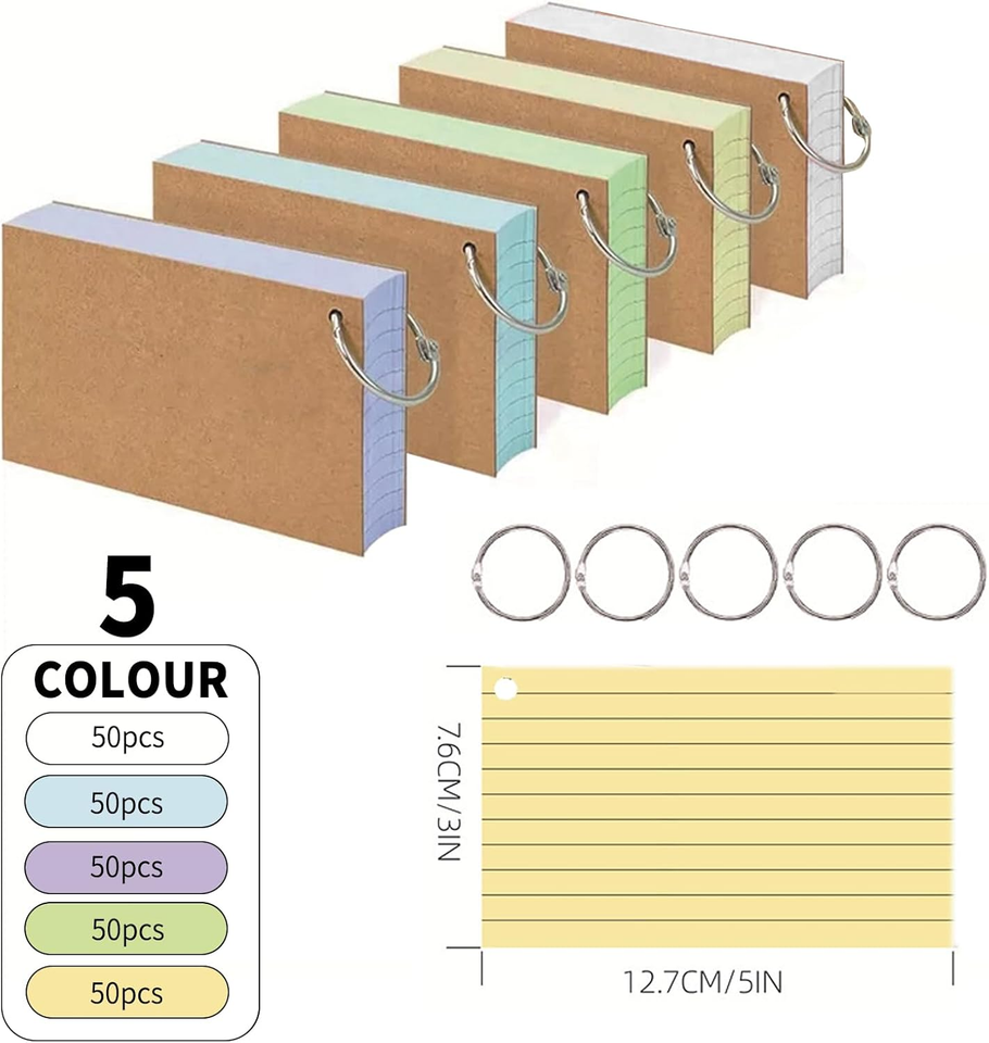 A8 Linierte Karteikarten 500 Stück Lernkarten mit Ring Flash Cards Bunt ...