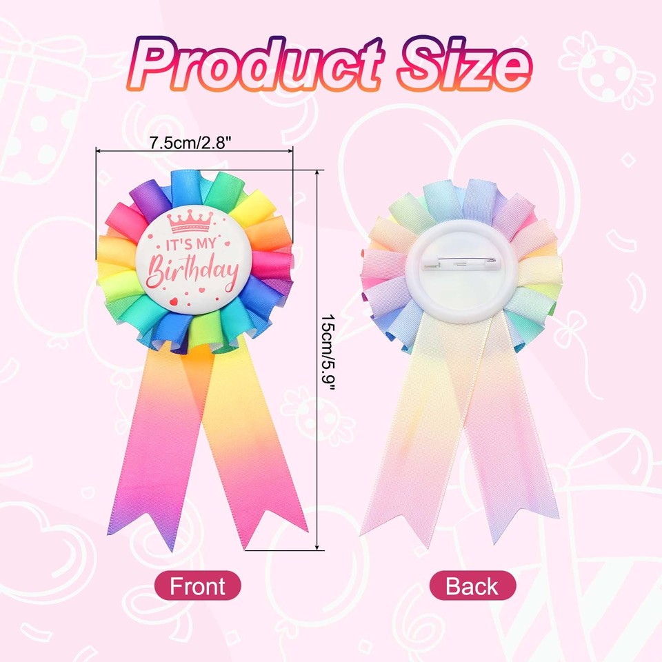 Birthday Ribbon Pin, 5.9x2.8" Fabric IT'S MY Birthday Pin, Dark Rainbow ...
