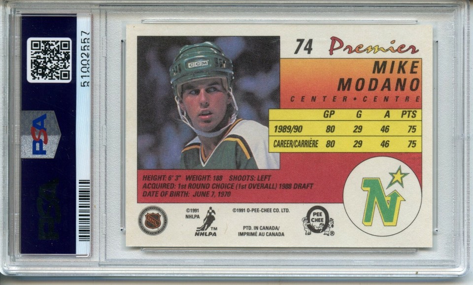 1990 O-Pee-Chee Premier #74 Mike Modano Rookie PSA 8 Minnesota North ...