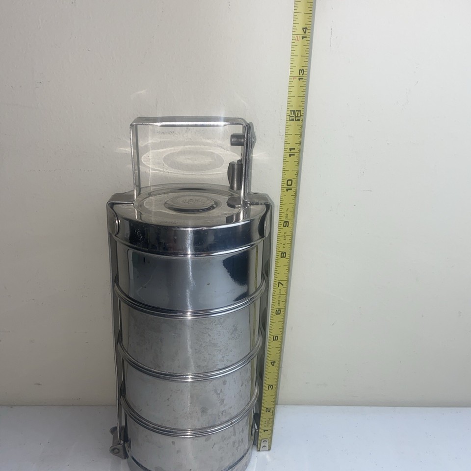 VINTAGE 4 Stacking Stainless Steel CAMPING Bowl SET Lunchbox Bento Box ...