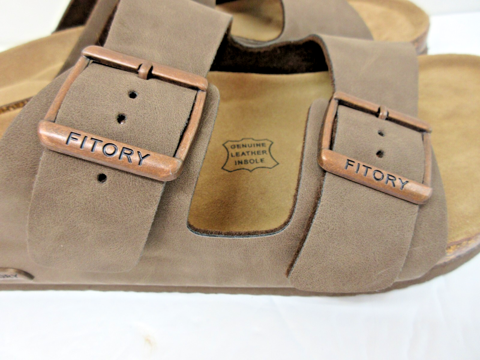 FITORY Mens Leather Double Buckle Sandals Taupe Brown Sz 12 Soft Cork ...