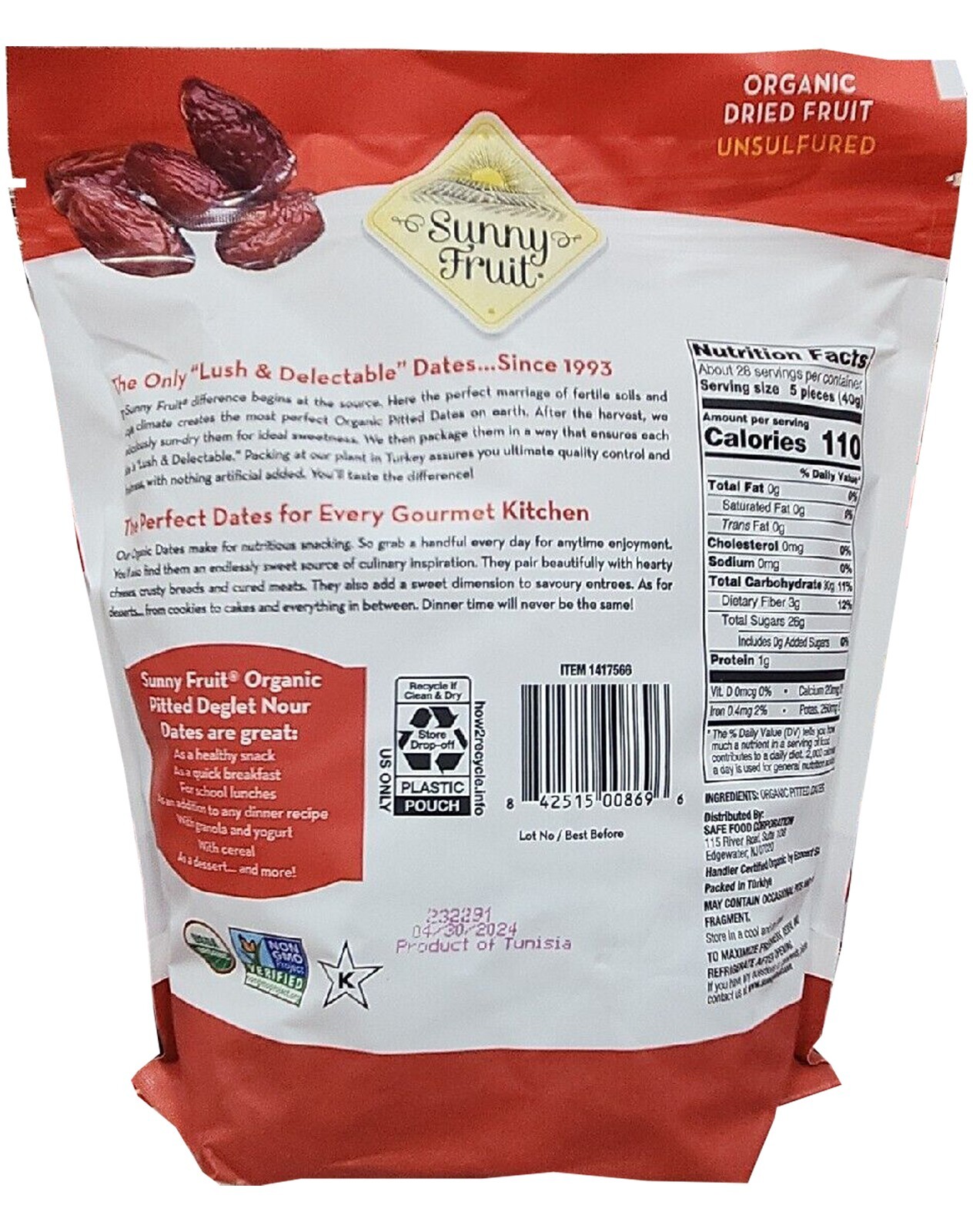 Sunny Fruit Organic Sun Dried Dates Pitted Deglet Non GMO 40 Oz for ...