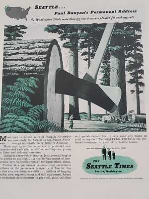 1943 Seattle Times Fortune WW2 Print Ad Paul Bunyan Redwood Axe Ferns ...
