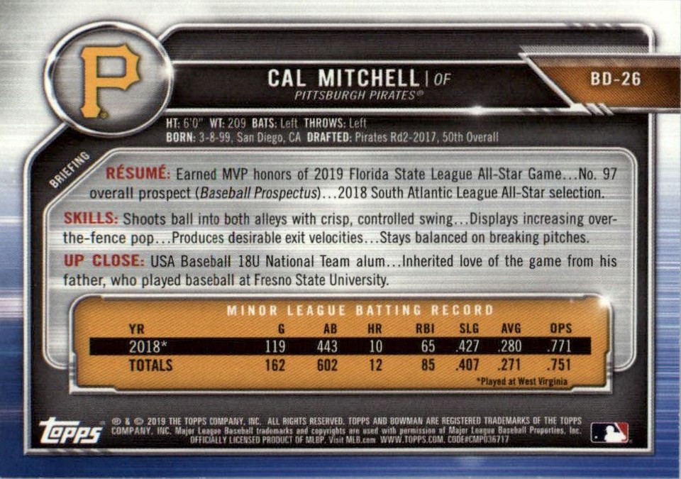 2019 Bowman Draft Purple #BD26 Cal Mitchell /250 | eBay
