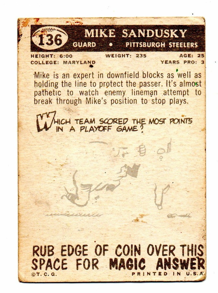 1959 Topps #136 Mike Sandusky - Guard Pittsburgh Stellers | eBay
