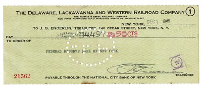 1945 Delaware, Lackawanna and Western Railroad Co. Cancelled Check | eBay