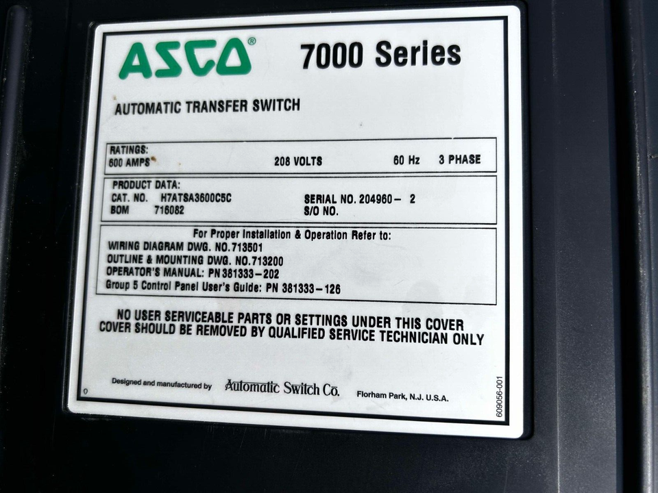 ASCO 7000 AUTOMATIC TRANSFER SWITCH ATS 600A 208V H7ATSA3600C5C (RH) | eBay