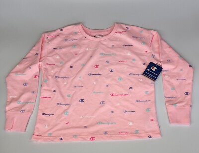 Champion Sweater Girls Large Cotton Pink Pullover All Over Print ...