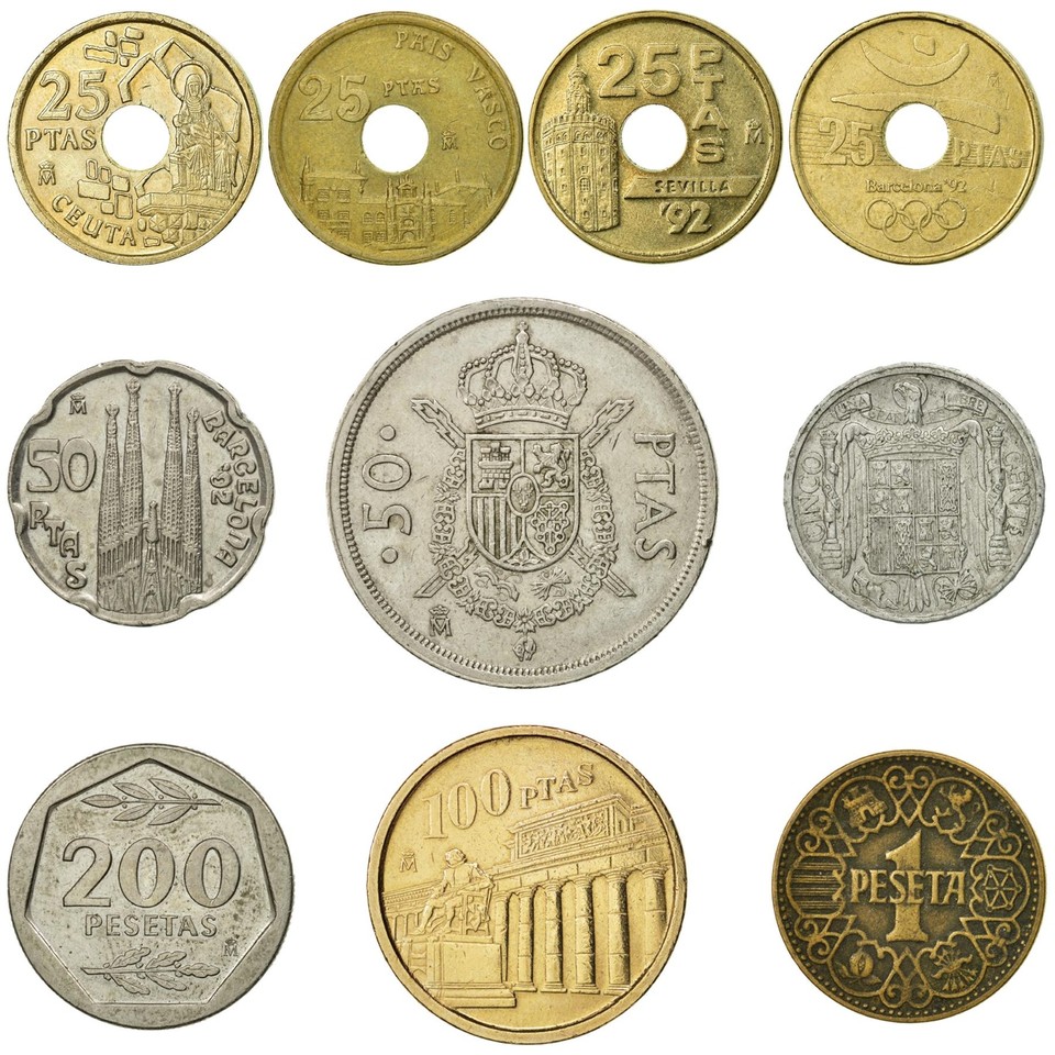 10 Spain Coins | Spanish Currency Collection 5 Centimos 1 25 50 100 200 ...