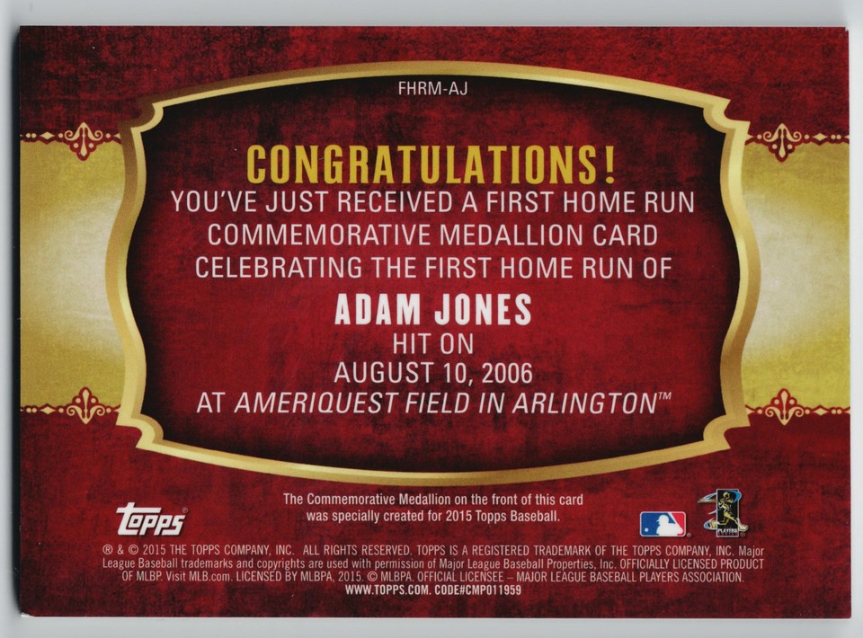 2015 Topps Adam Jones First Home Run Medallion Coin Relic #FHRM-AJ ...