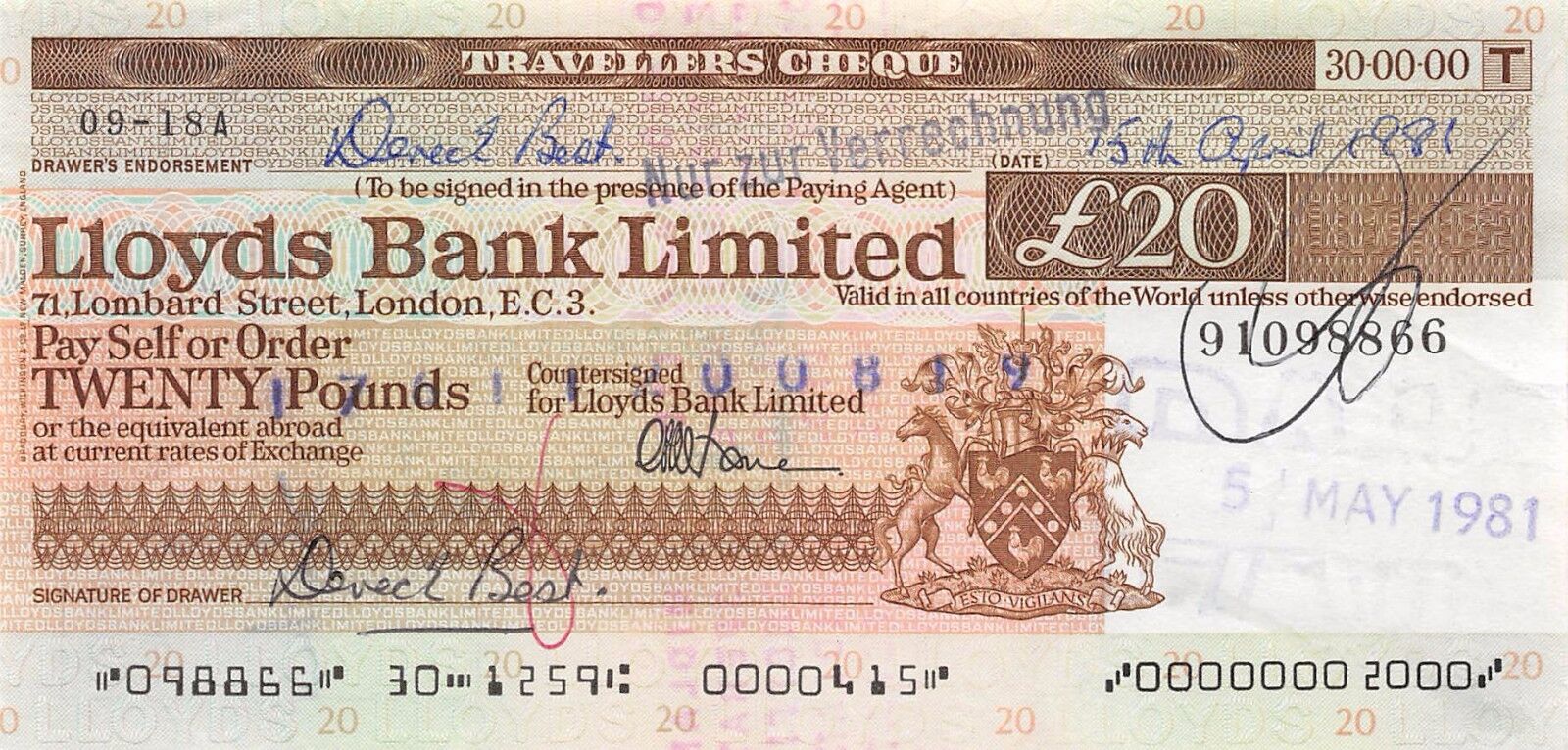 G.B/ Lloyds Bank London 20 Pounds Traveller Cheque 15.4.1981 circulated ...