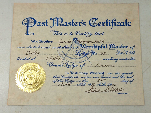 Masonic Grand Lodge Past Masters Certificate Louisiana 1982 | eBay