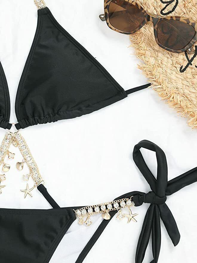Women's Trendy 2 Piece Triangle Bikini Set Rhinestone Halter Bathing ...