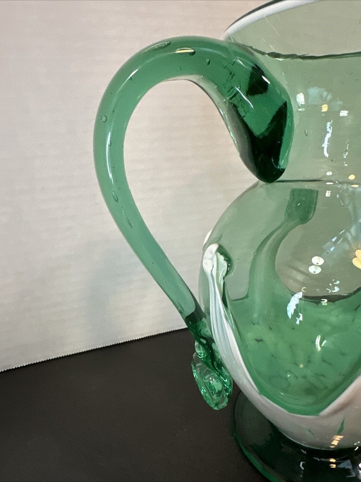 Vintage 2001 Wheaton Village Signed Art Glass Pitcher Green W White ...