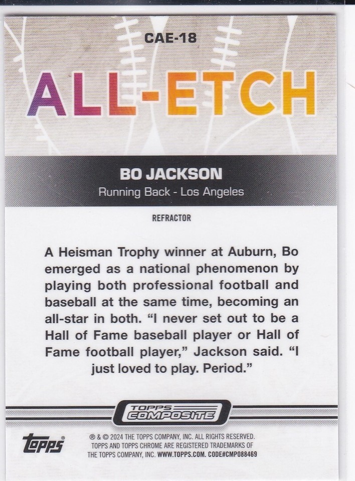 BO JACKSON Topps Chrome Football RARE REFRACTOR Insert Card LOS ANGELES ...