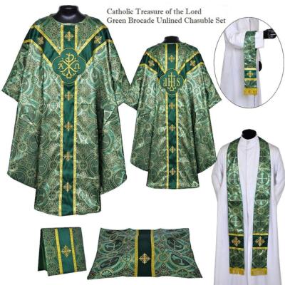 Green Chasuble Set Brocade Damask Lined + Stole, Maniple, Chalice Veil ...