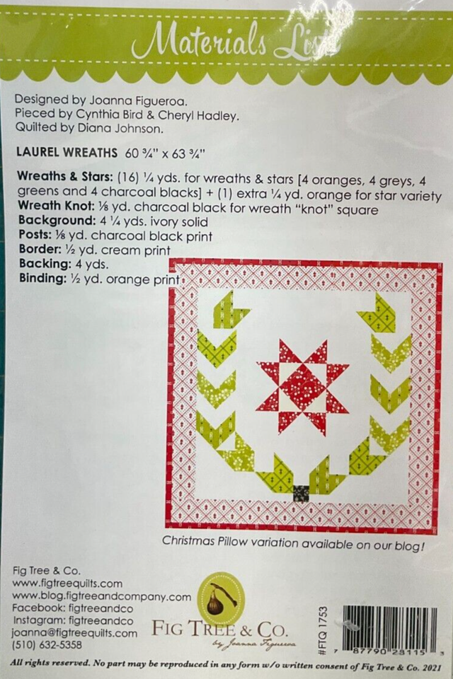 FIG TREE & CO #FTQ-1753 - LAUREL WREATHS QUILT PATTERN 60 3/4 x 63 3/4 ...