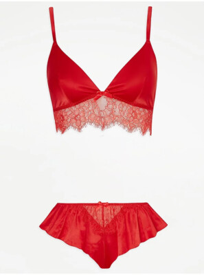 Pretty Silky Satin Red Cropped Bralet, French Knickers 10 Chest 36 ...