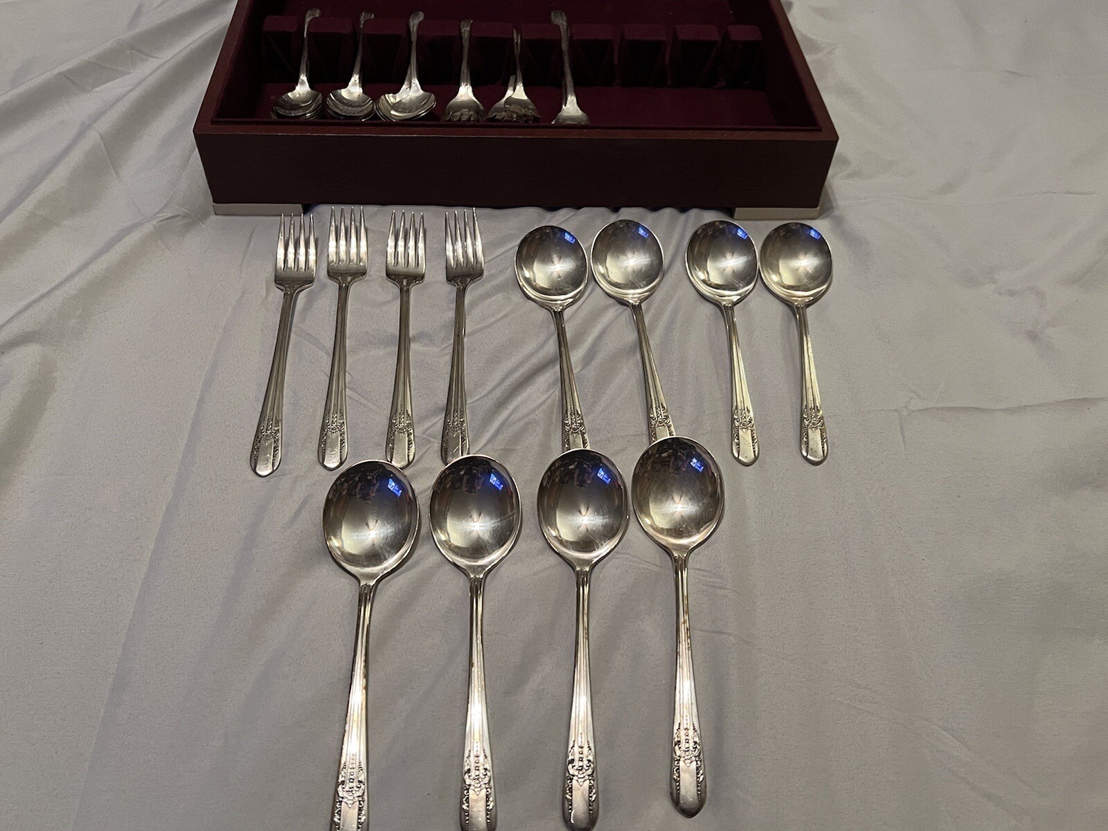 Vintage Rogers Silver Plate Flatware Set w Wooden Box Tableware 51Pcs ...