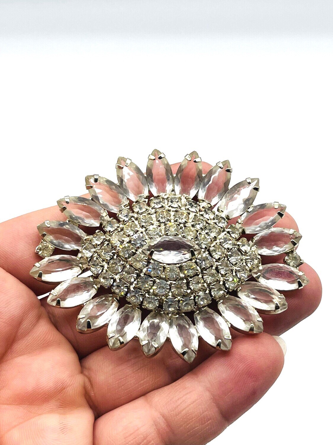 Vtg JULIANA Clear Glass Rhinestones Large Flower Open… - Gem