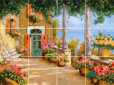 Mediterranean terrace Tuscany Italy view garden ceramic tile mural ...