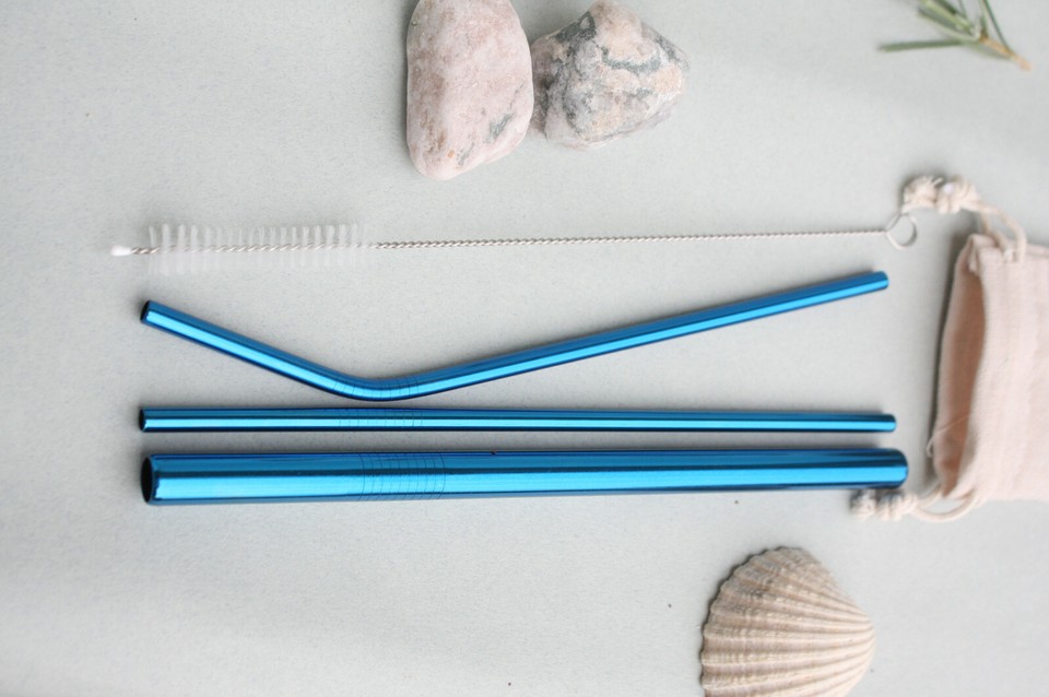 3 Eco Blue Steel Straws Straw Cleaner Smoothie Milkshake Bubble Tea ...