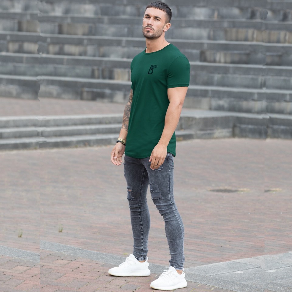 Mens Slim Fit T Shirt Muscle Fit Gym Top Designer Short Sleeve Curved ...