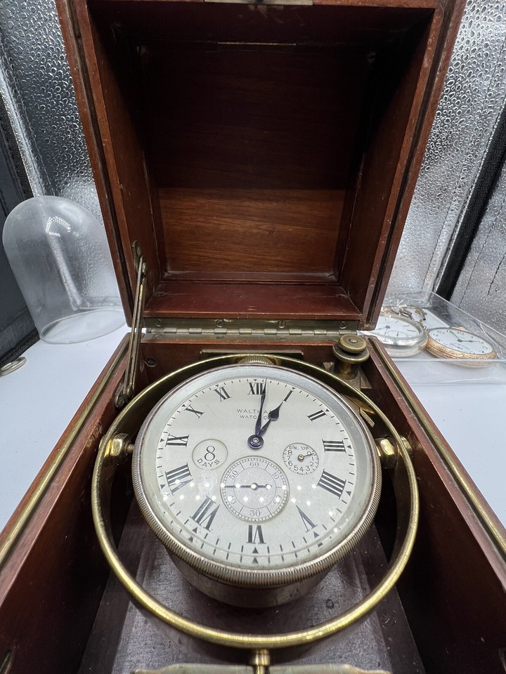 Antique Waltham Ship's Chronometer 8 Day Maritime Clock in Wood Gimbal ...
