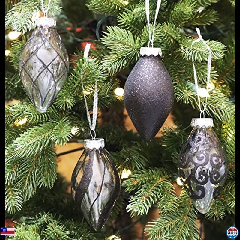 SLEETLY 12-Pack Black Tear Drop Finial Ornaments - 4" Shatterproof ...