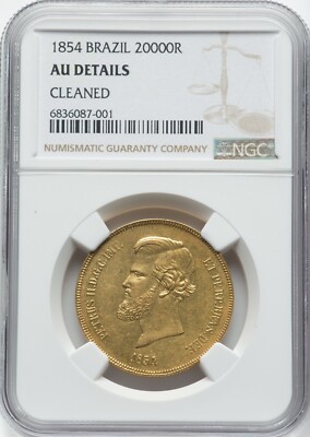 Brazil 1854 - Pedro II 20,000 Reis - NGC AU Details - RARE ONLY 26K ...