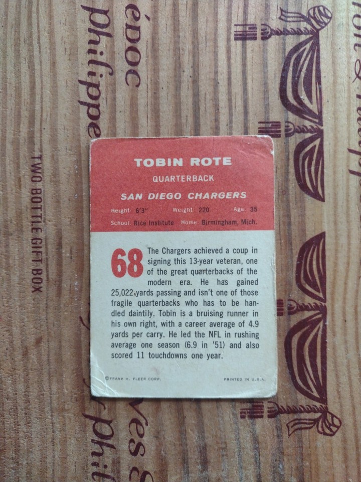 1963 Fleer #68 Tobin Rote San Diego Chargers low grade NO RED STRIPE | eBay