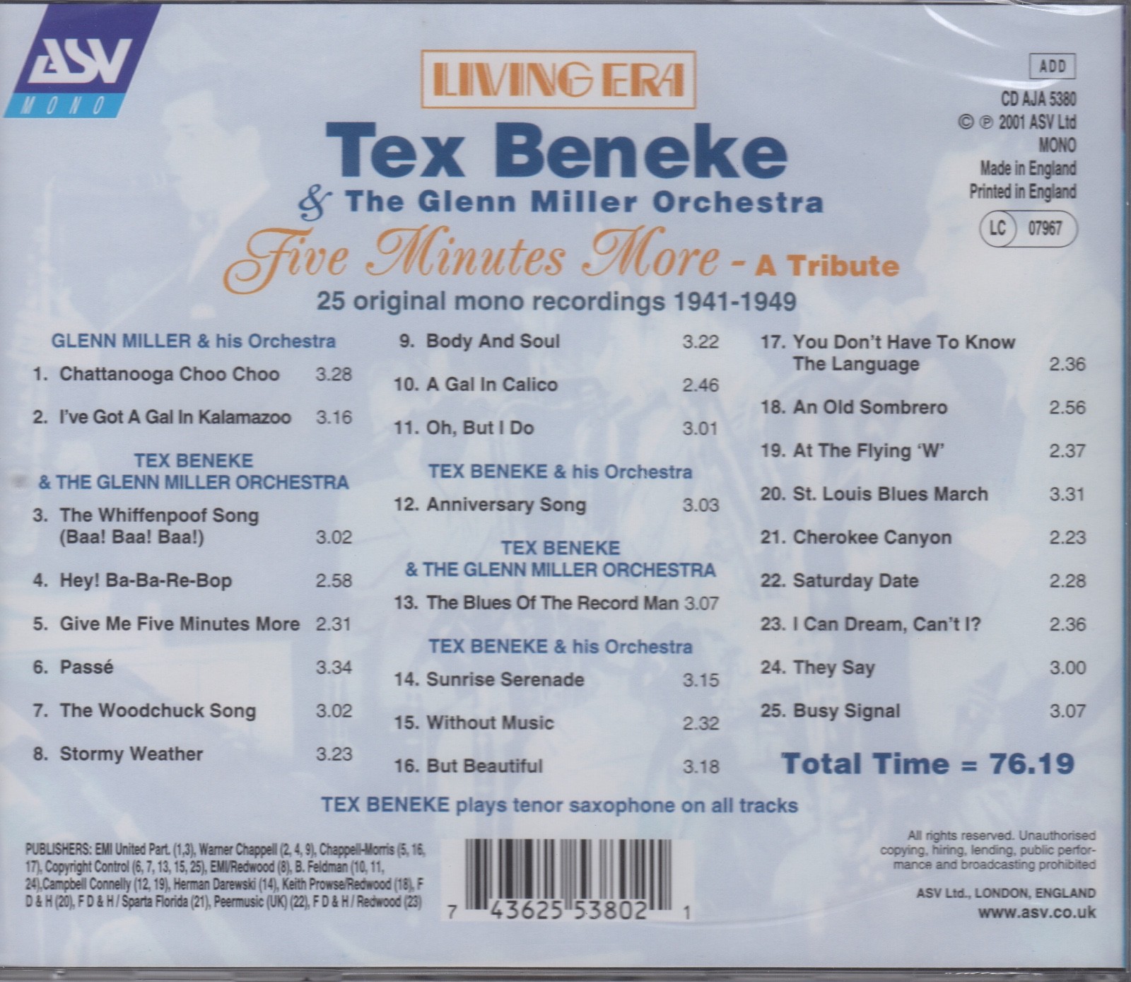 Tex Beneke & The Glenn Miller Orch. "Five Minutes More 1941-49" NEW ...