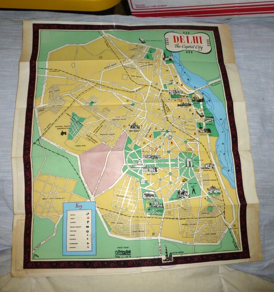 VINTAGE ILLUSTRATED MAP MAPS DELHI HOSPITALS CLUBS CINEMAS AIRLINES ...